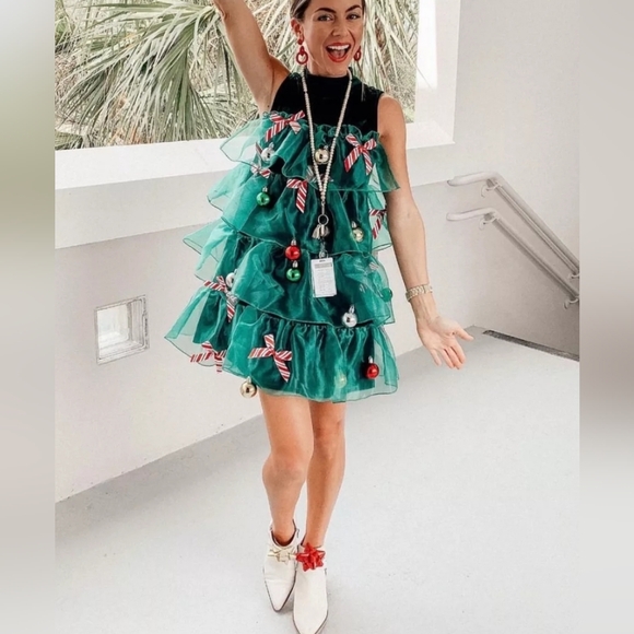 Dresses | Y2k Christmas Tree Mini Dresses Christmas Bow Mesh Layered ...
